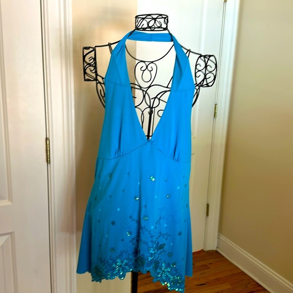 Tops | Turquoise Halter Top With Really Shiny Sequin Detail Along The ...